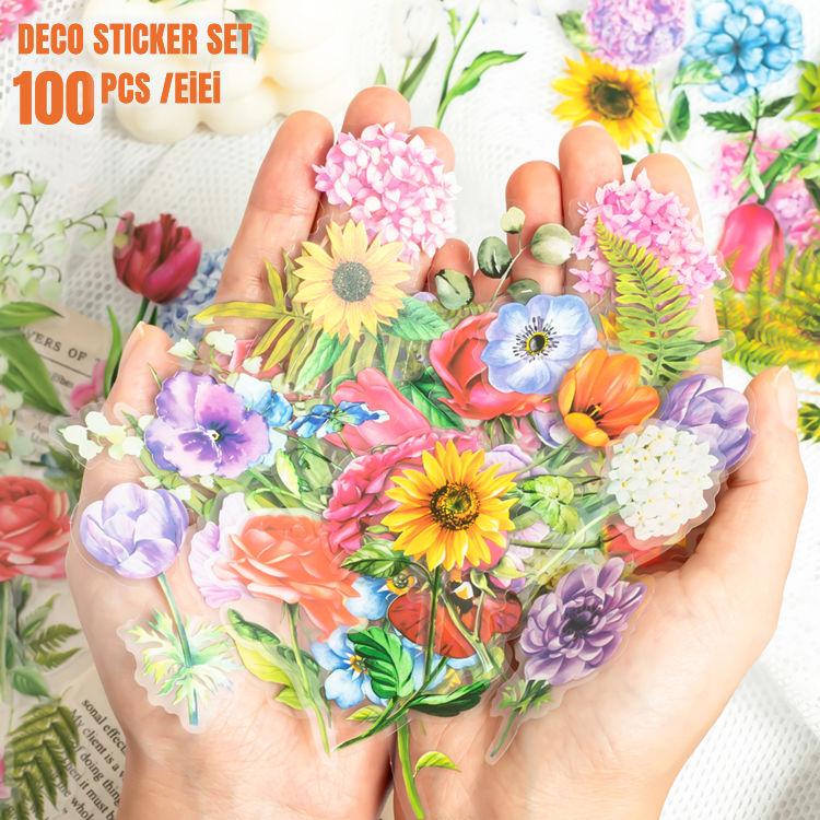 クリアシール 100枚50柄 フレークシール 花 花柄 海外 コラージュ 素材 セット 大容量 フラワー 植物 薔薇 ローズ アジサイ ひまわり 葉っぱ 耐水 sztz-100-063 ...