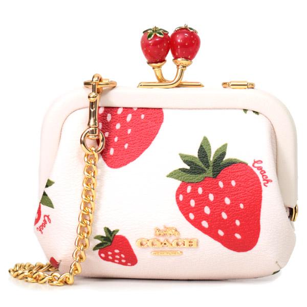 COACH コーチ カードケース レザー キスロック がま口 ノラ ストロベリー いちご チェーン ポーチ コインケース 財布 ショルダー ...