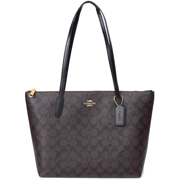 COACH（コーチ） バッグ コーティングキャンバス レザー シグネチャー ジップ トップ トートバッグ ブラウン×ブラック ...