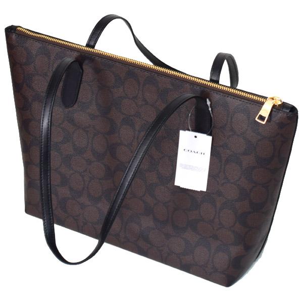 COACH（コーチ） バッグ コーティングキャンバス レザー シグネチャー ジップ トップ トートバッグ ブラウン×ブラック ...