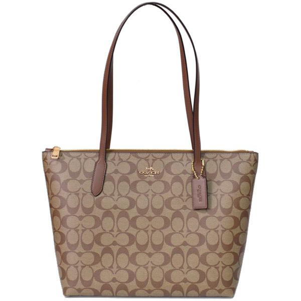 COACH（コーチ） バッグ コーティングキャンバス レザー シグネチャー ジップ トップ トートバッグ カーキ×サドル2 coach4455 ...