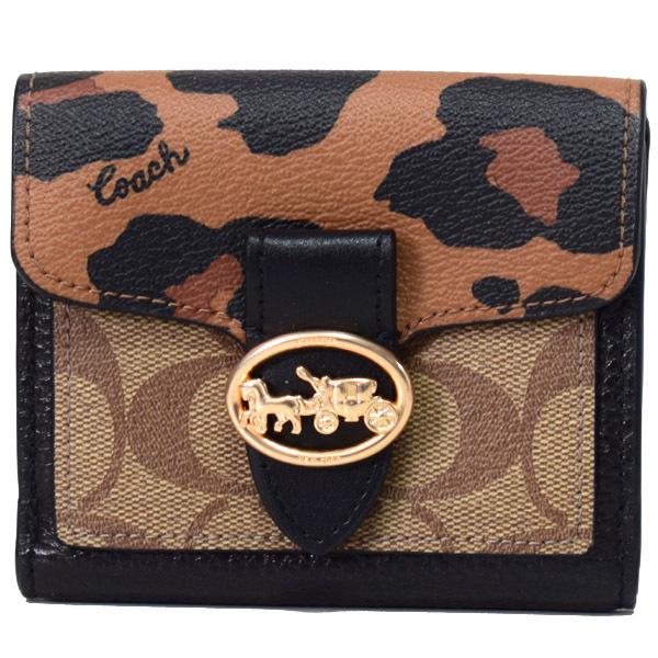 COACH コーチ 財布 コーティングキャンバス スムースレザー シグネチャー ジョージー レオパード ヒョウ柄 二つ折り財布 ライトサドル× ...