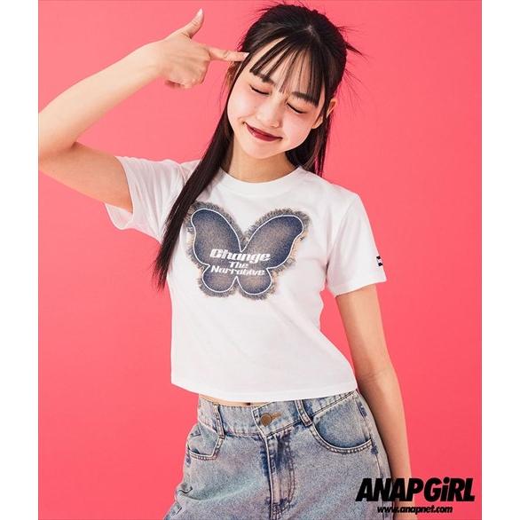 ANAP GiRL アナップ ガール 子ども服 半袖Tシャツ 135cm-165cm GIRL デニム バタフライ ワッペン モチーフ ミニ Tシャツ カーキ 2025春夏 : 子ども服の ...