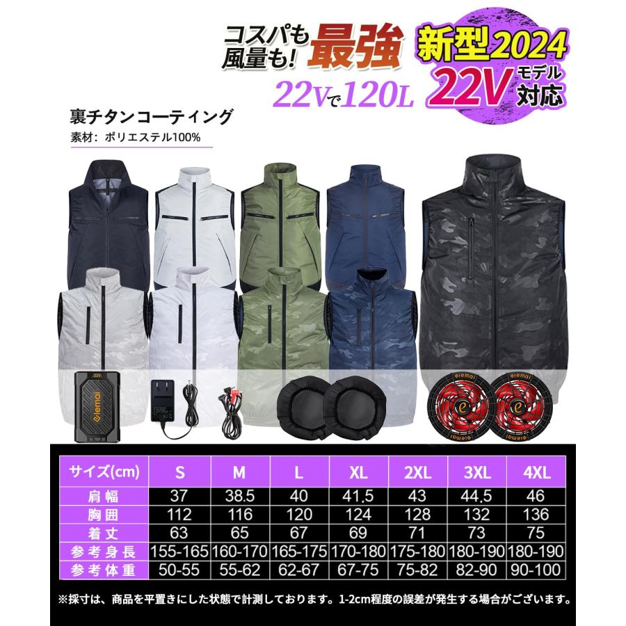 [elemai] 2024年モデル 22V超高出力 25000mAh ファンバッテリーセット チタンファン付きベスト 空冷調節作業服 猛暑対策必須品(XL, 迷彩ブラック) : elemai ...