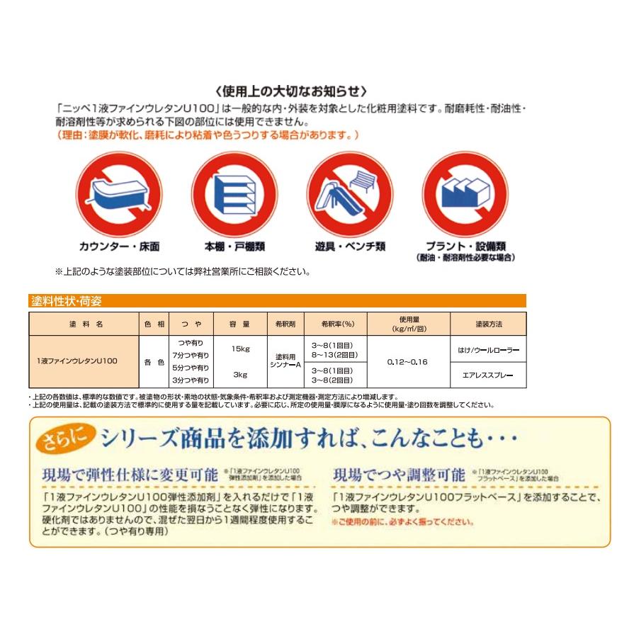 1液ファインウレタンU100 15kg 各種艶（艶有／5分艶／3分艶） 白（ホワイト）【日本ペイント】 : nph100158 : ペイントオール - 通販 - Yahoo!ショッピング