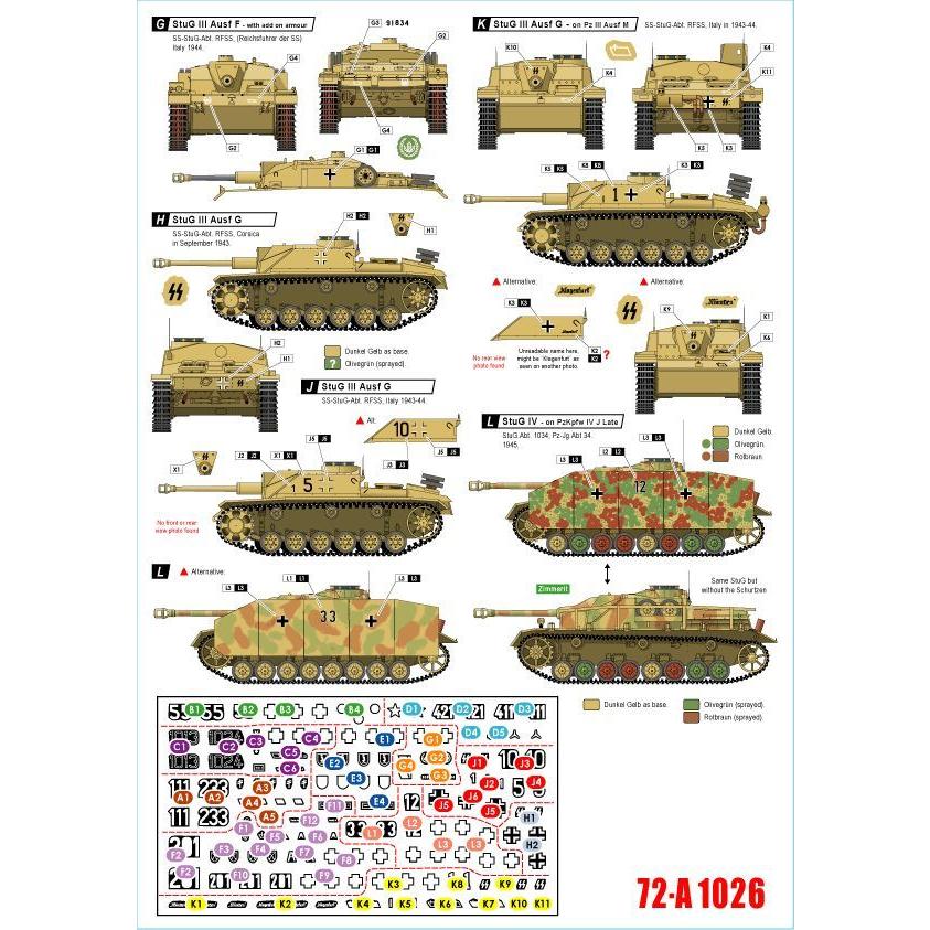 スターデカール 72-A1026 1/72 イタリア戦線のドイツ戦車＃6 III号突撃砲F/8型 III号突撃砲G型 IV号突撃砲(IV号戦車J型車体) : ホビーショップ パンツァーレーア ...