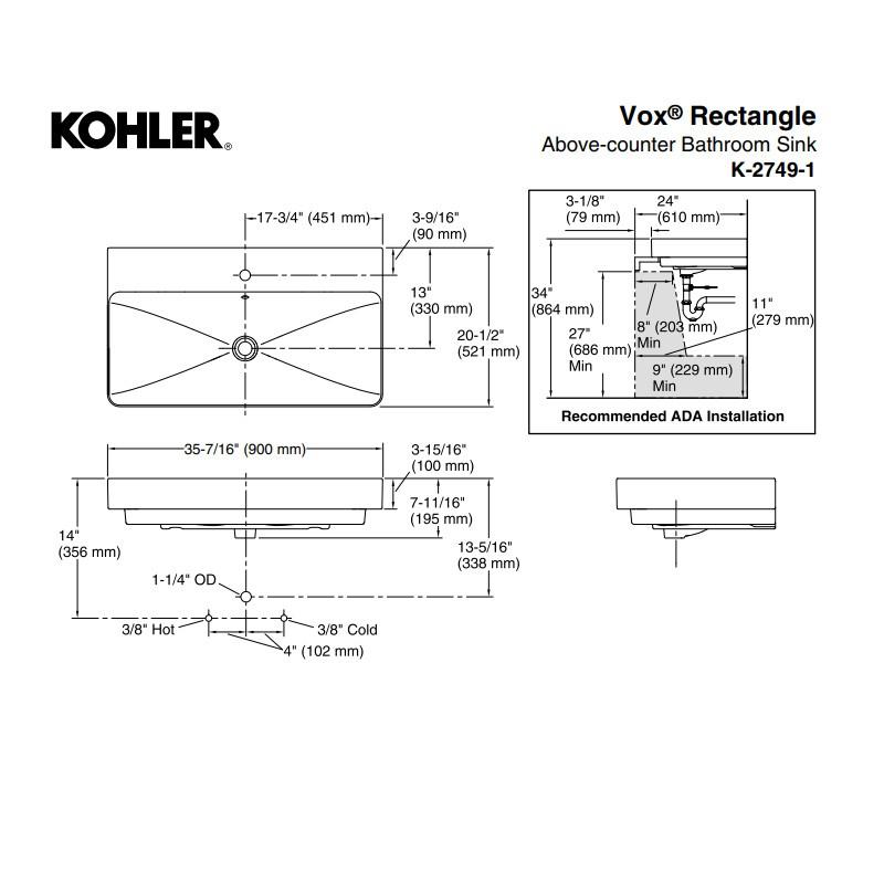 KOHLER（コーラー） 【完売】正規輸入品 洗面ボウル VOX ヴォックス ワイド ベッセル型 洗面器 1ホール K-2749T-1-0 ...