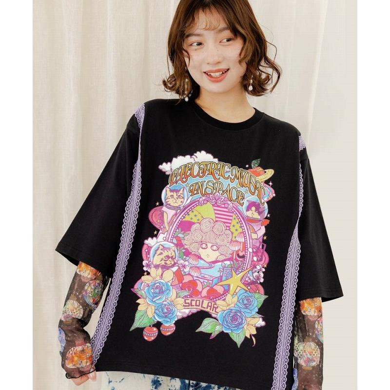 ScoLar Tシャツ 新作 スカラー 152625 スカラーちゃん×宇宙ネコ柄 レース叩き付けTシャツ トップス カジュアル カラフル メルヘン 原宿系 個性的 ポイント : Pappa ...