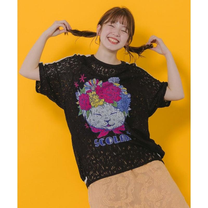 ScoLar Tシャツ 新作 スカラー 152648 花ネコ柄レースTシャツ トップス カジュアル ガーリー スポーティー 猫 原宿系 個性的 ポイント : Pappa Duduu - 通販 ...