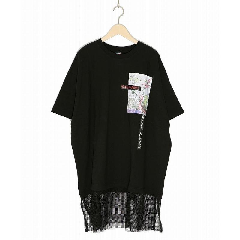 Tシャツ 新作 ScoLar Parity スカラー パリティ 341116 恐竜に乗ったクマ×甘やかし柄アップリケ メッシュ裾Tシャツ ...
