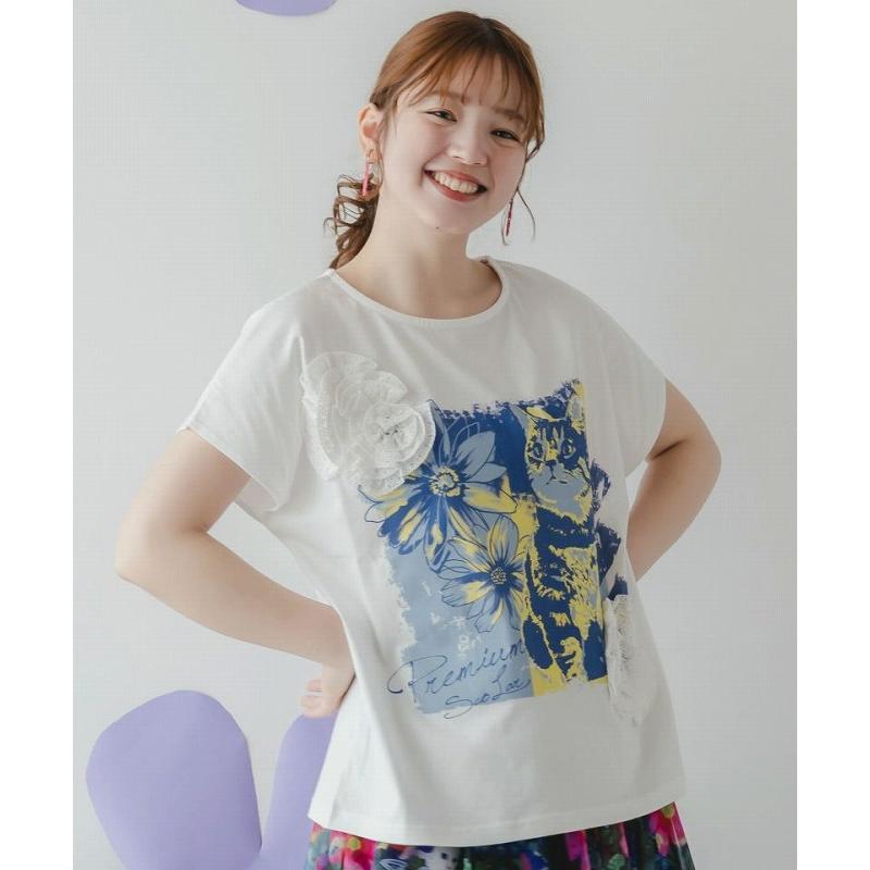 ScoLar Tシャツ 新作 PREMIUM プレミアムスカラー 752002 ネコ花柄レーステープTシャツ トップス カジュアル コットン 猫 原宿系 個性的 : Pappa Duduu ...