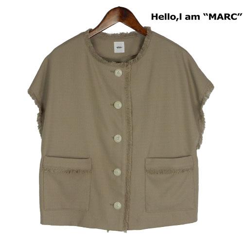 Hello,I am”Marc” フリンジベスト 軽い パッチポケット マーブルボタン フリンジ 丸首 クルーネック 合わせやすい フリンジ ...