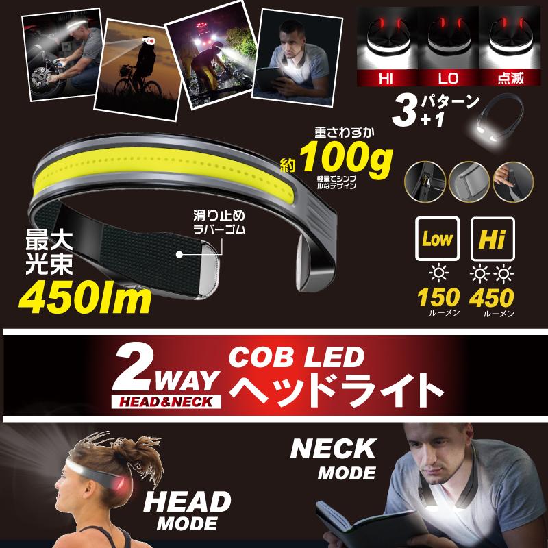 充電式 2WAY COB LEDヘッドライト HDL-RHL02-BK 生活防水 軽量約100g 最大光束450lm バッテリ リチウムイオン : ペルルアルファショップ - 通販 ...