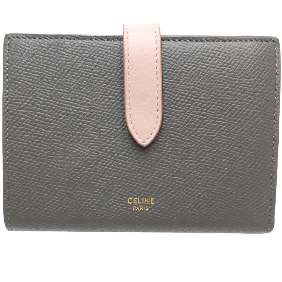 CELINE セリーヌ 二つ折り財布 ミディアムストラップウォレット 10B643BRU.10GV レザー グレー ヴィンテージピンク ...
