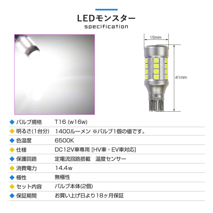 ピカキュウ T16 バックランプ LEDバルブ 爆光 スズキ スペーシアカスタム (MK54S/MK94S) 対応 LED monster 1400lm ホワイト 6500K 2個 後退灯 ...