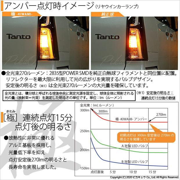 ピカキュウ ダイハツ タントカスタム (LA650S/660S) 対応 LED リアウインカーランプ T20S 極-KIWAMI- 270lm アンバー 1700K 2個 6-A-3 : ピカ ...