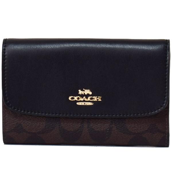 コーチ 財布 COACH コーティングキャンパス レザー シグネチャー 三つ折り ミディアム エンベロープ ウォレット ブラウン×ブラック ...