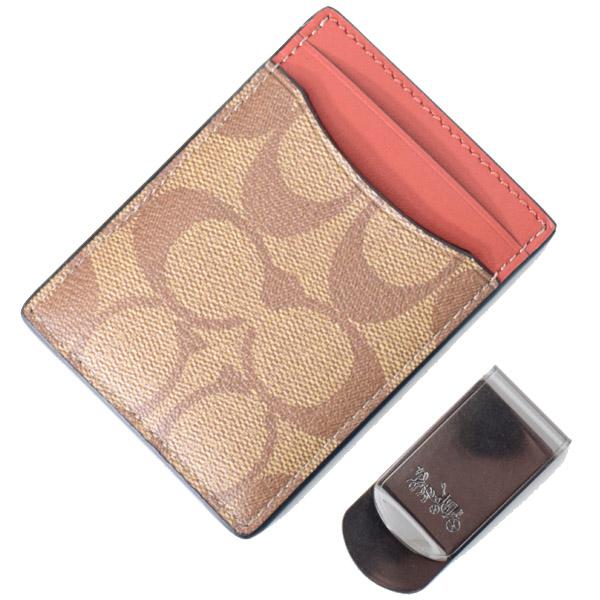 COACH コーチ カードケース メンズ コーティングキャンバス レザー シグネチャー マネークリップ付き 2点セット BOX付き カーキ× ...