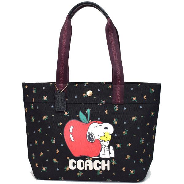COACH コーチ バッグ キャンバス ぺブルレザー ピーナッツ コラボ スヌーピー 花柄 フラワー フローラル トートバッグ ブラックマルチ ...