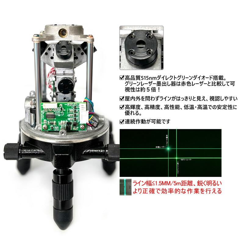 FUKUDA 5ライン グリーンレーザー墨出し器 FLG-465P【受光器セット】輝度調整可能 6400mAhリチウム電池×2本 4方向大矩 ...