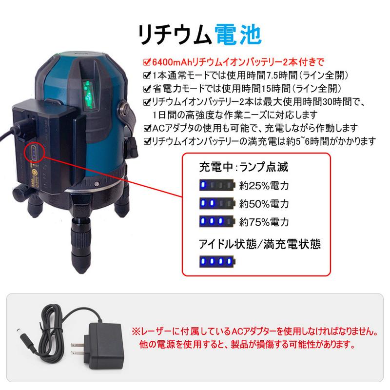 FUKUDA 5ライン グリーンレーザー墨出し器 FLG-465P【受光器セット】輝度調整可能 6400mAhリチウム電池×2本 4方向大矩 ...