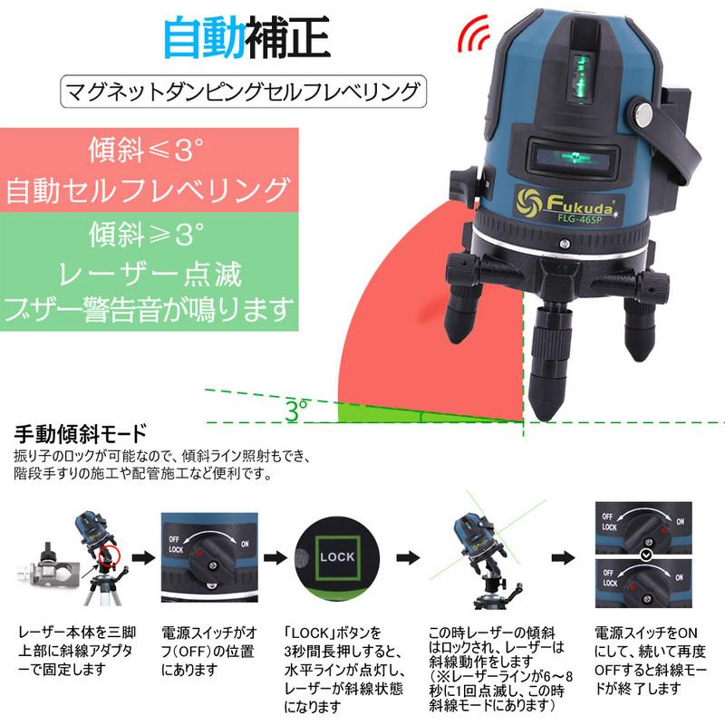 FUKUDA 5ライン グリーンレーザー墨出し器 FLG-465P【受光器セット】輝度調整可能 6400mAhリチウム電池×2本 4方向大矩 ...
