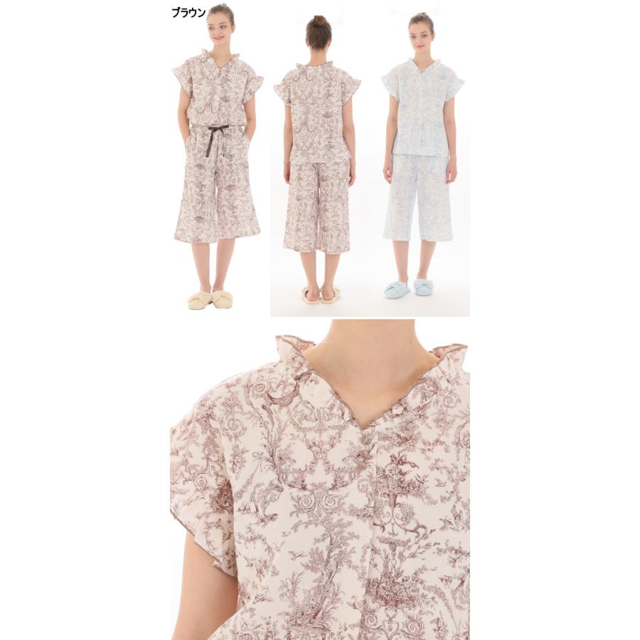 ナルエー パジャマ ダブルガーゼ トワルドジュイ フリルパジャマ セットアップ ピンク ブルー ブラウンルームウェア 上下セット 半袖 かぶり ...