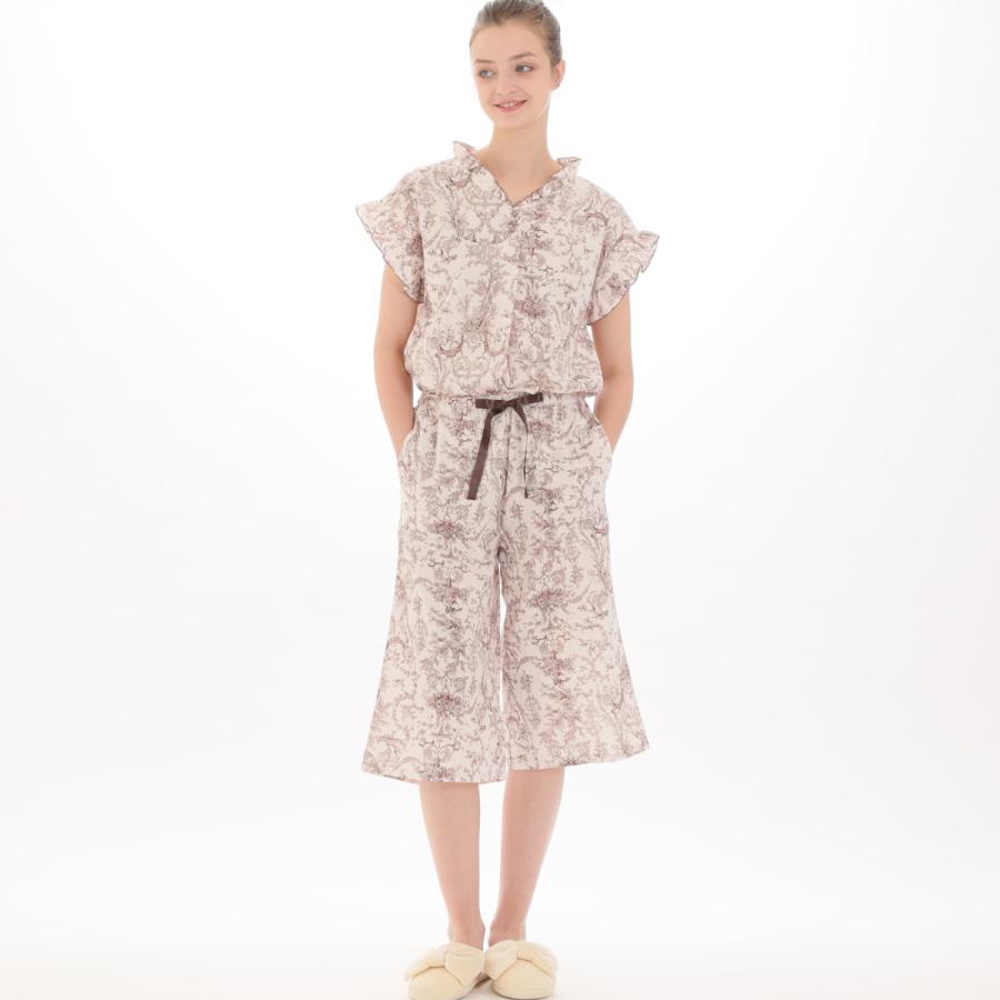 ナルエー パジャマ ダブルガーゼ トワルドジュイ フリルパジャマ セットアップ ピンク ブルー ブラウンルームウェア 上下セット 半袖 かぶり ...