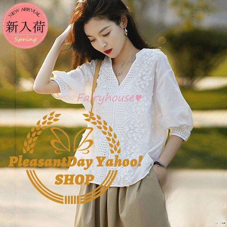 ブラウス レディース 半袖ブラウス 春夏新作 オフィスブラウス 白レース刺繍 オシャレブラウス vネックトップス 韓国風 大人 上品 通勤OL ゆったりシャツ 40代 : pd ...