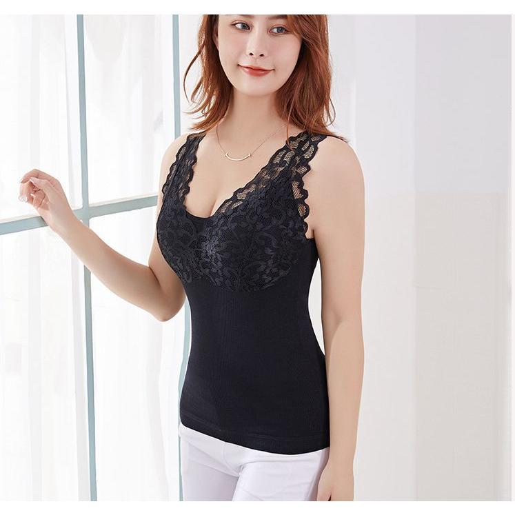 plusnao ブラトップ 裏起毛 裏ボア タンクトップ レディース インナー 肌着 パッド付き Vネック レース カップ付き 女性用 婦人用 ...