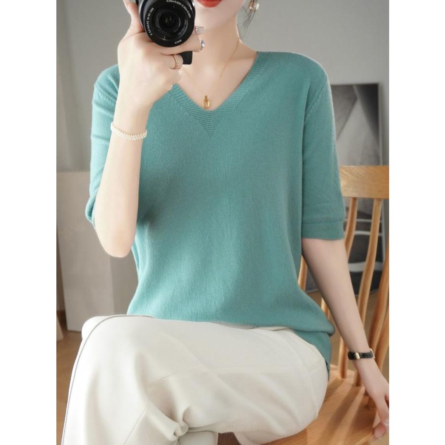 plusnao 半袖ニットソー 女性 大きいサイズ セーター プルオーバー Vネック パフスリーブ スリム 薄手 春夏 カジュアル シンプル無地 : プラスナオYahoo!店 - 通販 ...