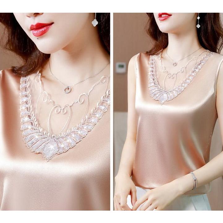 タンクトップ レディース 大きいサイズ トップス レース チュール スパンコール ノースリーブ Vネック 上品 きれいめ サテン調 :top ...