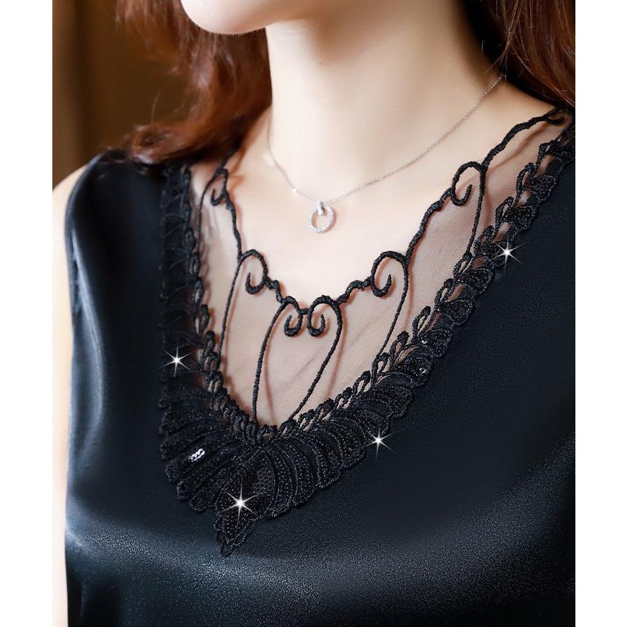 タンクトップ レディース 大きいサイズ トップス レース チュール スパンコール ノースリーブ Vネック 上品 きれいめ サテン調 :top ...