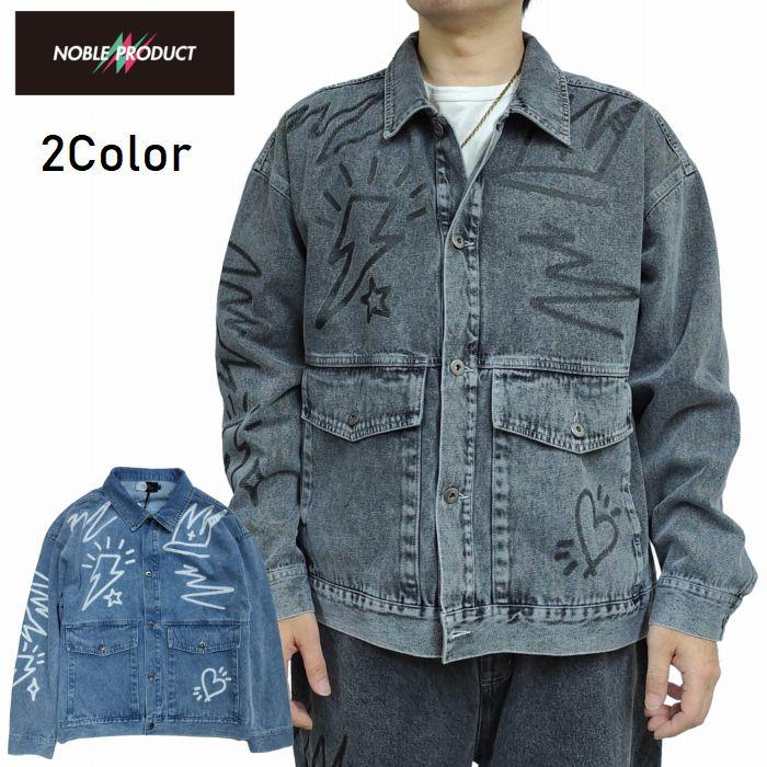 NOBLE PRODUCT ジャケット ラフガキ プリント デニムジャケット ジージャン Gジャン 24n-312u ノーブルプロダクト ストリート カジュアル ワイドシルェット : PLUS ...