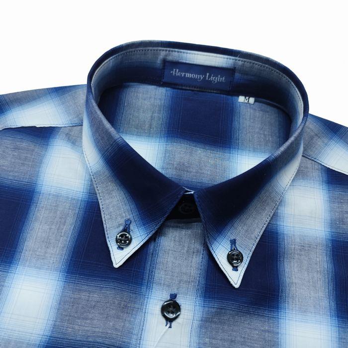 日本製 オンブレチェック ブルー 長袖シャツ ボタンダウン 95113 Hermony Light ハーモニーライト カジュアル 裾は真っすぐ ...