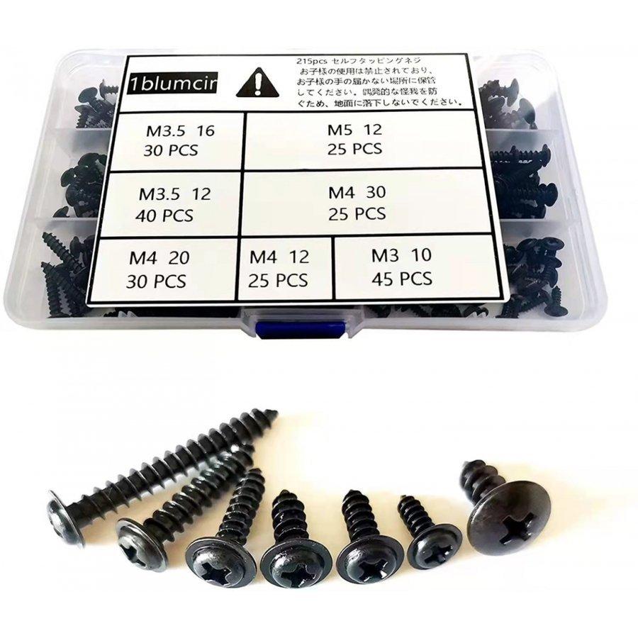 215本入 セルフタッピングねじ ネジセット 黒 タッピングネジ M3 M3.5 M4 M5 十字穴付きボルト 丸頭 ネジ釘 パンタッピングねじ PWA ねじ 収納ボックス付き ...
