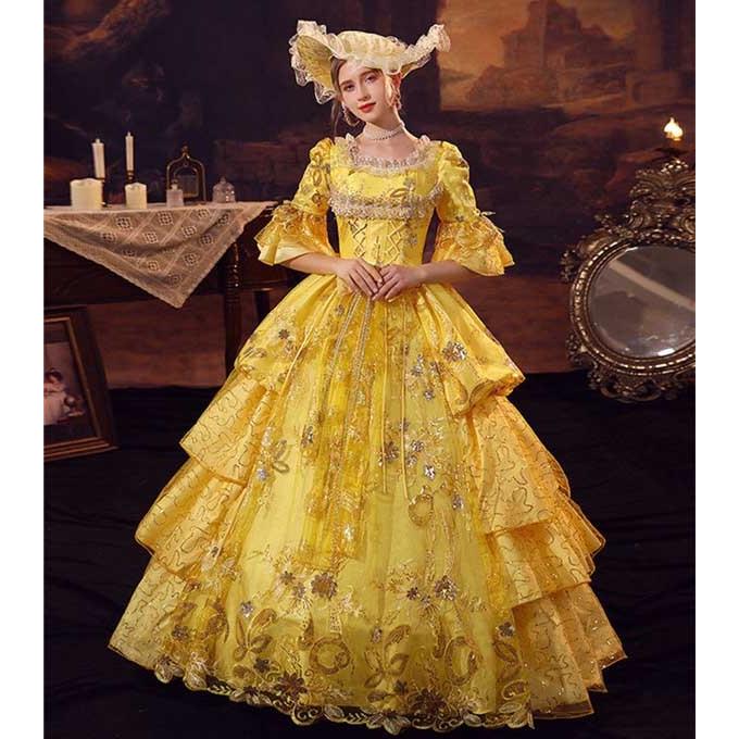 西洋ドレス 華麗な 宮廷ドレス レディース ロングドレス イエロー 刺繍