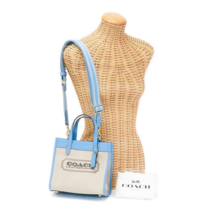 コーチ COACH フィールド トート 22 キャンバス レザー CH740 ブラス ベージュ プール ライトブルー 中古 mbe25009 ...