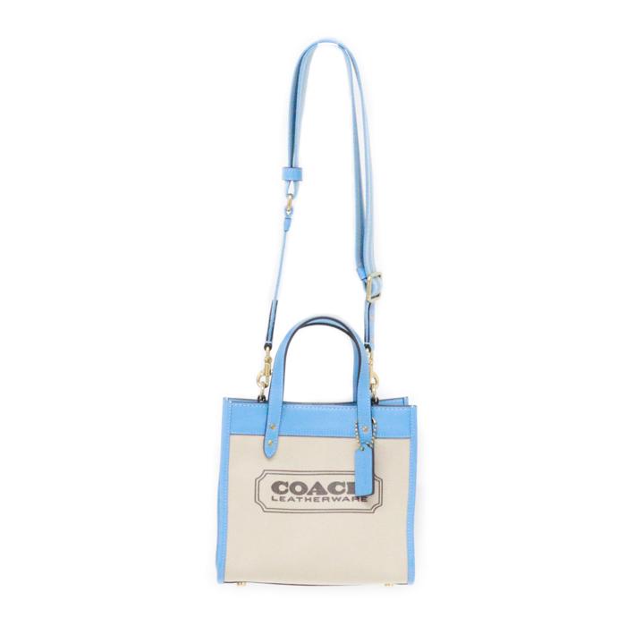 コーチ COACH フィールド トート 22 キャンバス レザー CH740 ブラス ベージュ プール ライトブルー 中古 mbe25009 ...