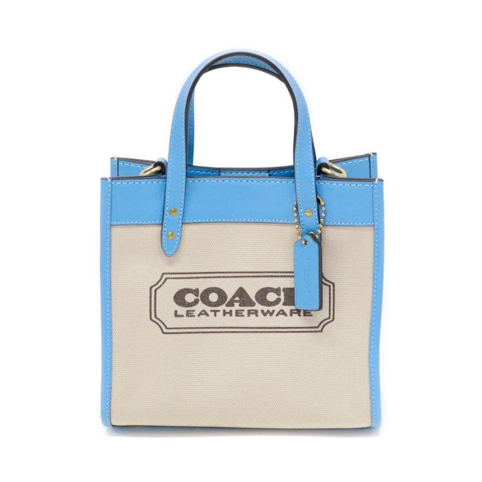 コーチ COACH フィールド トート 22 キャンバス レザー CH740 ブラス ベージュ プール ライトブルー 中古 mbe25009 ...