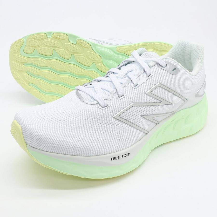 New Balance 衝撃吸収 クッション 軽量 ランニング ジョギング ウォーキング スニーカー W680 RM8 ホワイト/グリーン 靴幅:D 680 シューズ newbalance ...