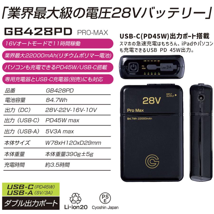 [15ヶ月保証] 長信ジャパン 2025 モデル GB-POWER 28V リチウムポリマーバッテリー GB428PD PRO-MAX 急速充電 空調 ウェア 冷却 服 空調作業服 : プロ ...