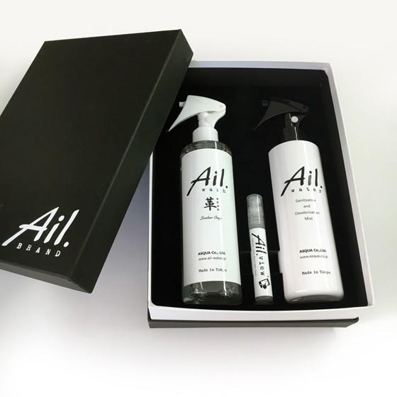 Ail.BRAND 贈答用 ギフト Cセット（Ail.water 除菌消臭 次亜塩素酸水 300mlスプレー、Ail.wash 革専用クリーニングスプレー 300ml、Ail.view スマホ ...