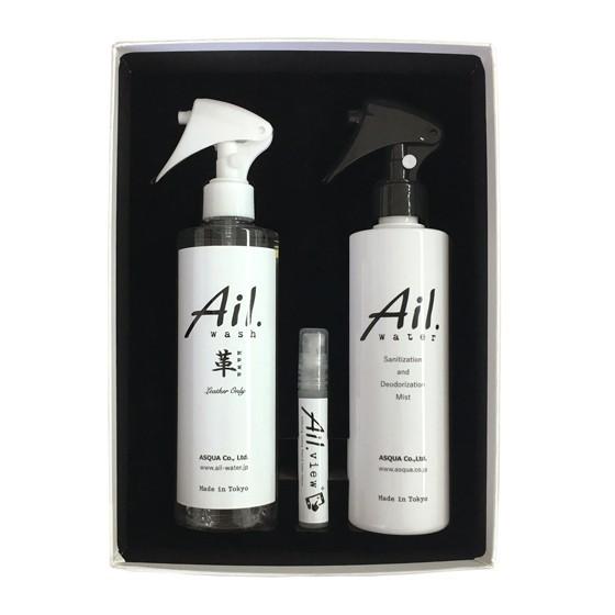 Ail.BRAND 贈答用 ギフト Cセット（Ail.water 除菌消臭 次亜塩素酸水 300mlスプレー、Ail.wash 革専用クリーニングスプレー 300ml、Ail.view スマホ ...