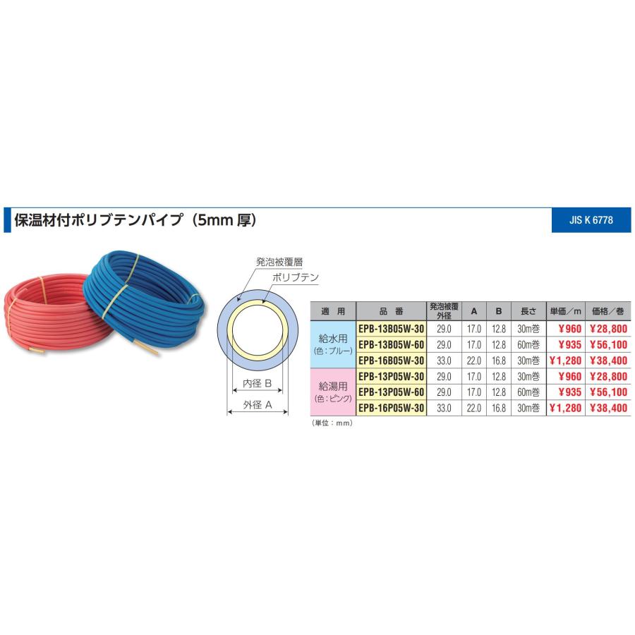 法人のみ バクマ工業 (/BG) 保温材付ポリブテンパイプ 5mm厚 給水用 13A 30m巻 ブルー ポリブデン管 ポリブデン菅 青 EPB-13B05W-30 : ProShop伊達 ...