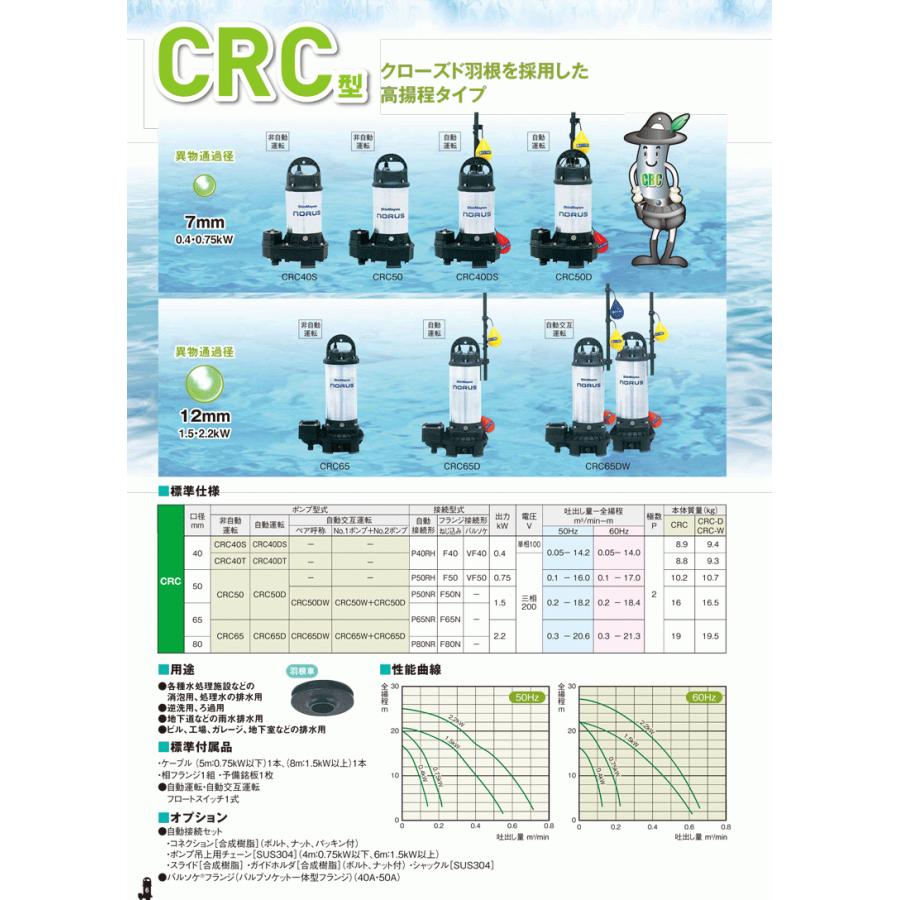 法人のみ 新明和工業(/AS) 樹脂 水中ポンプ CRS501-F50(0.75kW) 三相200 非自動 口径50mm フランジ接続 norus ノーラス : ProShop伊達 - 通販 ...