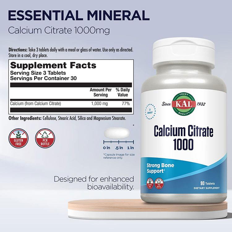 カル クエン酸カルシウム 1000mg 90粒 タブレット KAL Calcium Citrate 1000 90 Tablets サプリ ヘルスケア カルシウム ミネラル 健骨サポート ...
