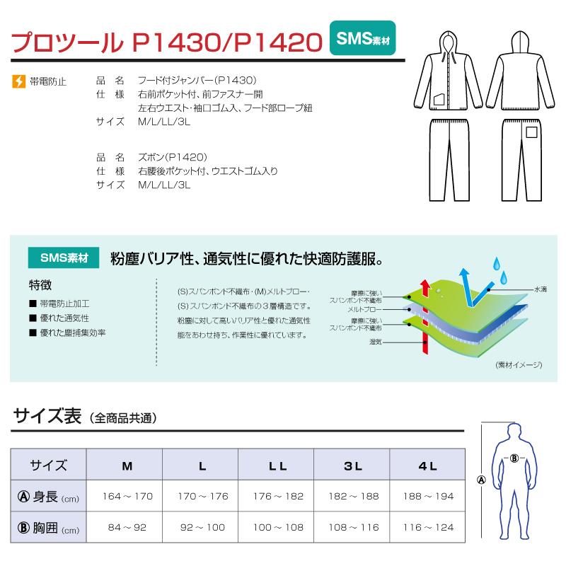 防護服 上下セット 1着 プロツール P1430/P1420 SMS素材 ポケット付 使い捨て 不織布 : プロウエスヤフーショッピング店 - 通販 - Yahoo!ショッピング
