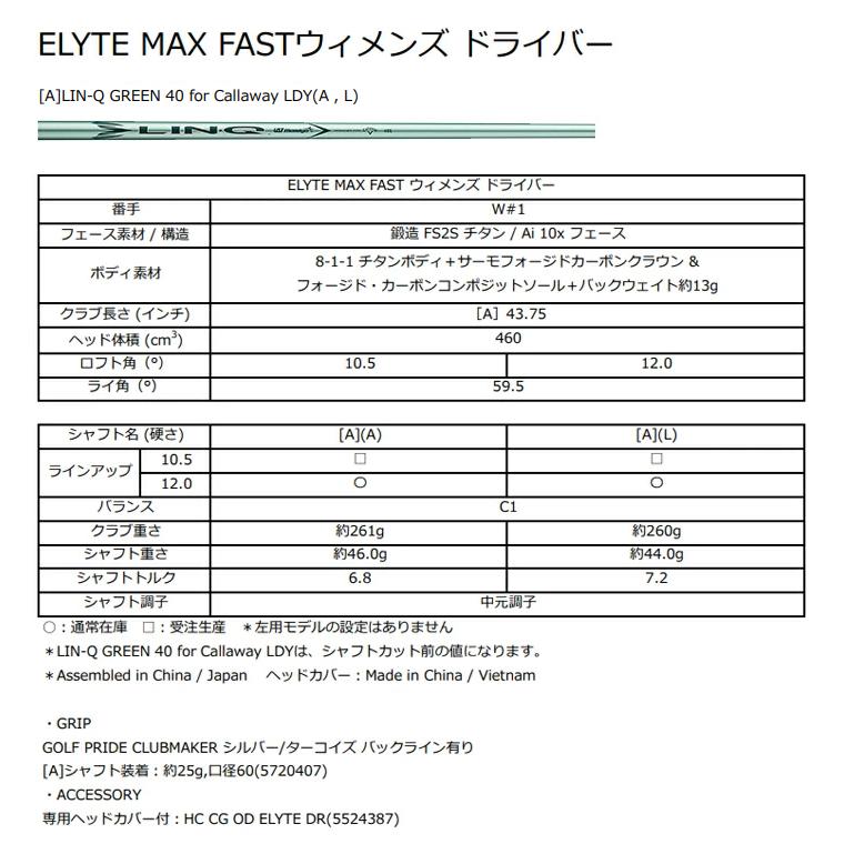 ELYTE 【レディース】キャロウェイ MAX FAST ドライバー LIN-Q GREEN 40 for Callaway LDY カーボンシャフト 2025年モデル : ゴルフ プレスト ...