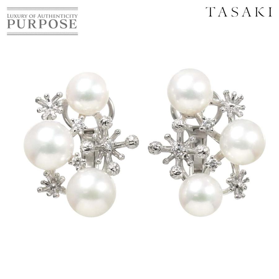 TASAKI タサキ アコヤ真珠 7.2-6.2mm ダイヤ 0.05ct/0.05ct イヤリング K18 WG 750 パール Akoya Pearl Earrings Clip on ...